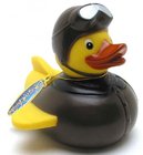 ISO certificated Weighted Brown Aviator Rubber Duck With Sunglasses Promotional Gift
